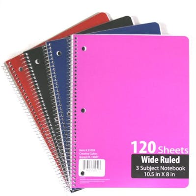 Wholesale Wide Ruled Spiral Notebooks - 3 Subject | DollarDays